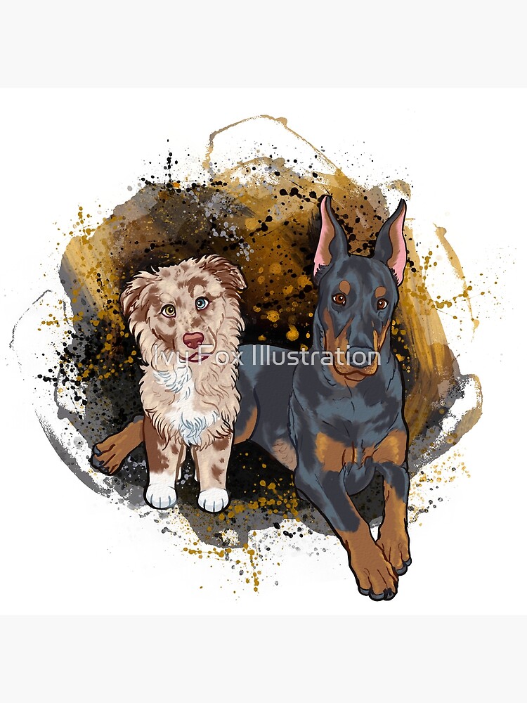 Póster «Acuarela de pastor australiano Merle rojo y Doberman Pinscher ...