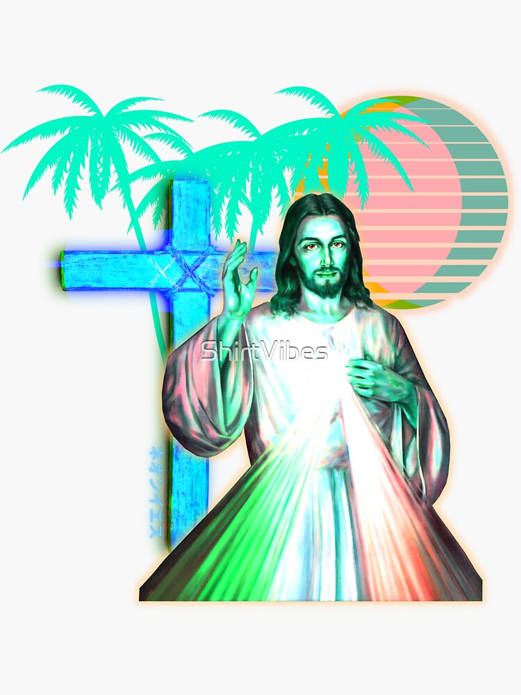 "Neon Jesus Christ Vaporwave Synthwave Cyberpunk Crucifix" Sticker for ...
