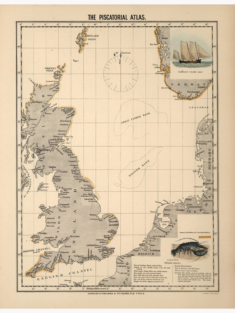 "Old English Channel Lobster Locations Map (1883) British Lobstermen ...
