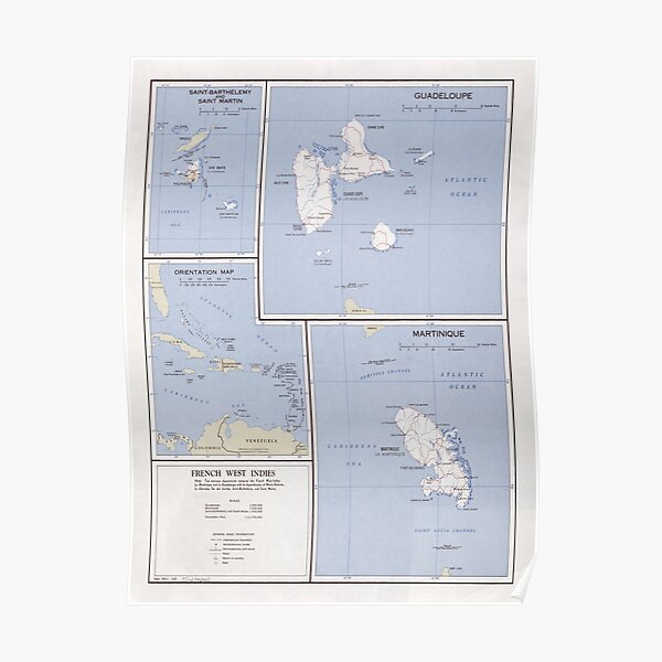"Old French West Indies Map (1960) Vintage Guadeloupe, Martinique, St ...