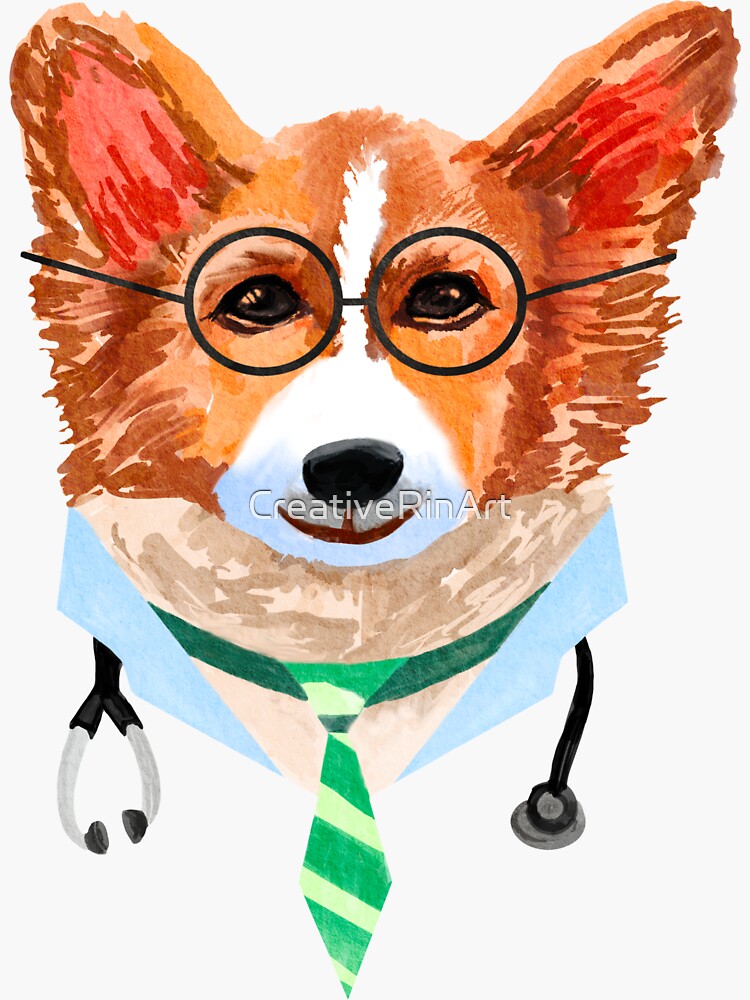 "Watercolor Smiling Welsh Corgi Doctor" Sticker for Sale by ...