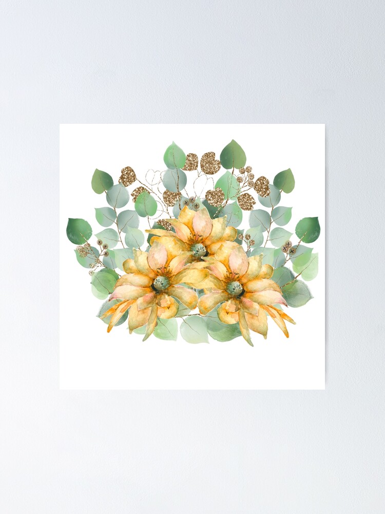 "Watercolor Sunflower and Eucalyptus leaves" Poster for Sale by ...
