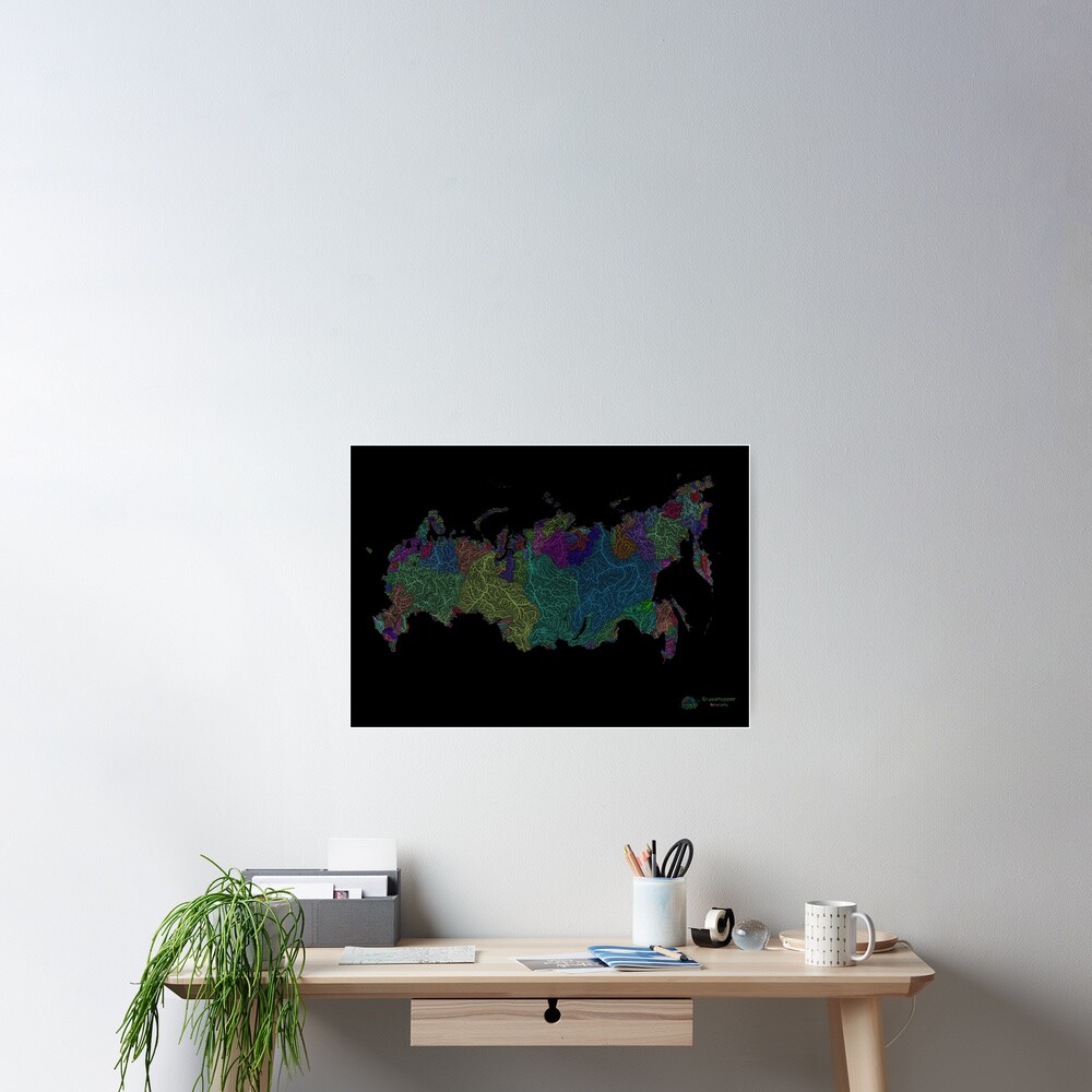 "Russia River Basin Map in Rainbow Colours with Black Background ...