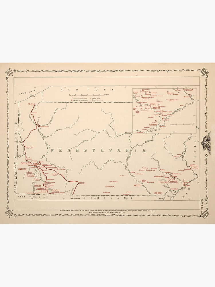 "Old Pennsylvania George Washington Landmarks Map (1932) Historical PA ...