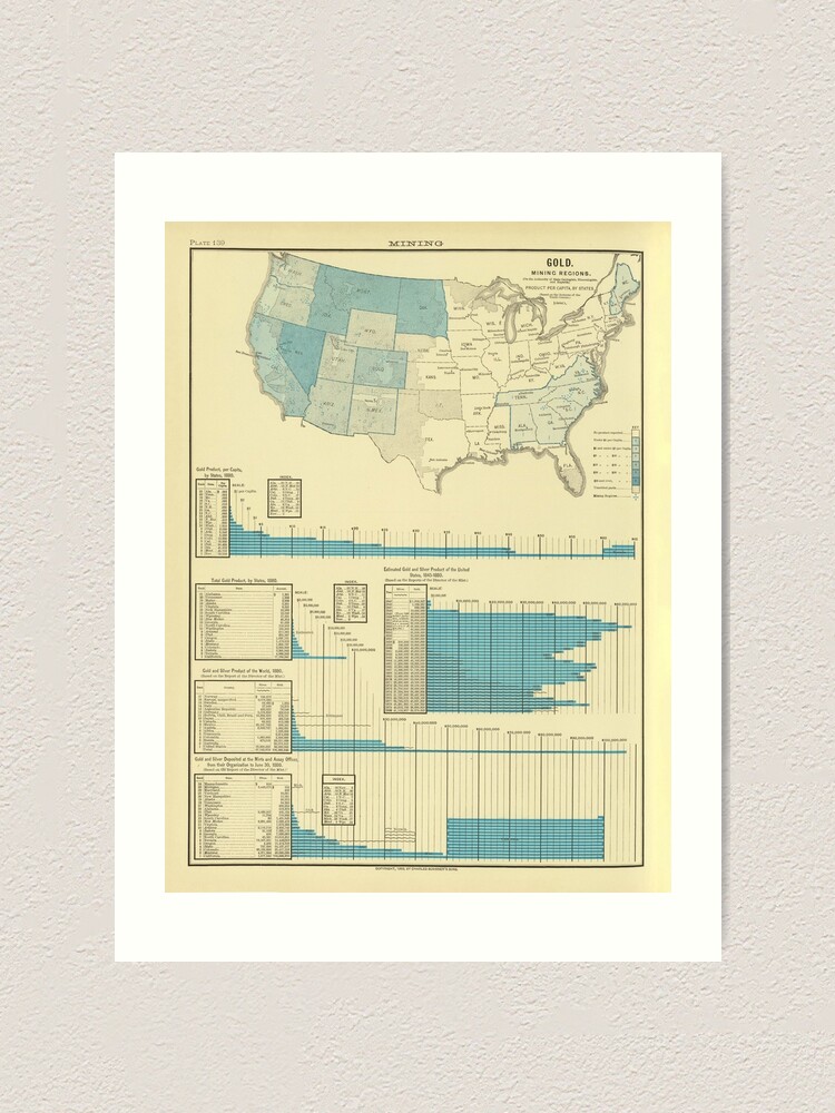 "Old US Gold Mining Map (1883) Vintage American Precious Metals Mines ...
