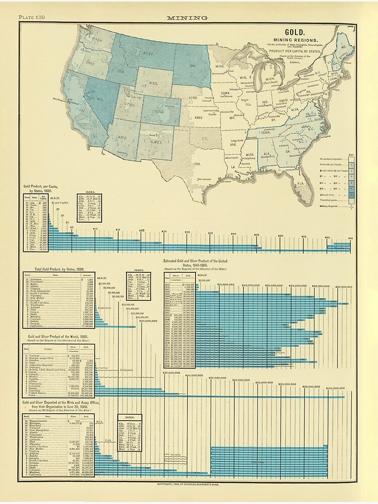 "Old US Gold Mining Map (1883) Vintage American Precious Metals Mines ...