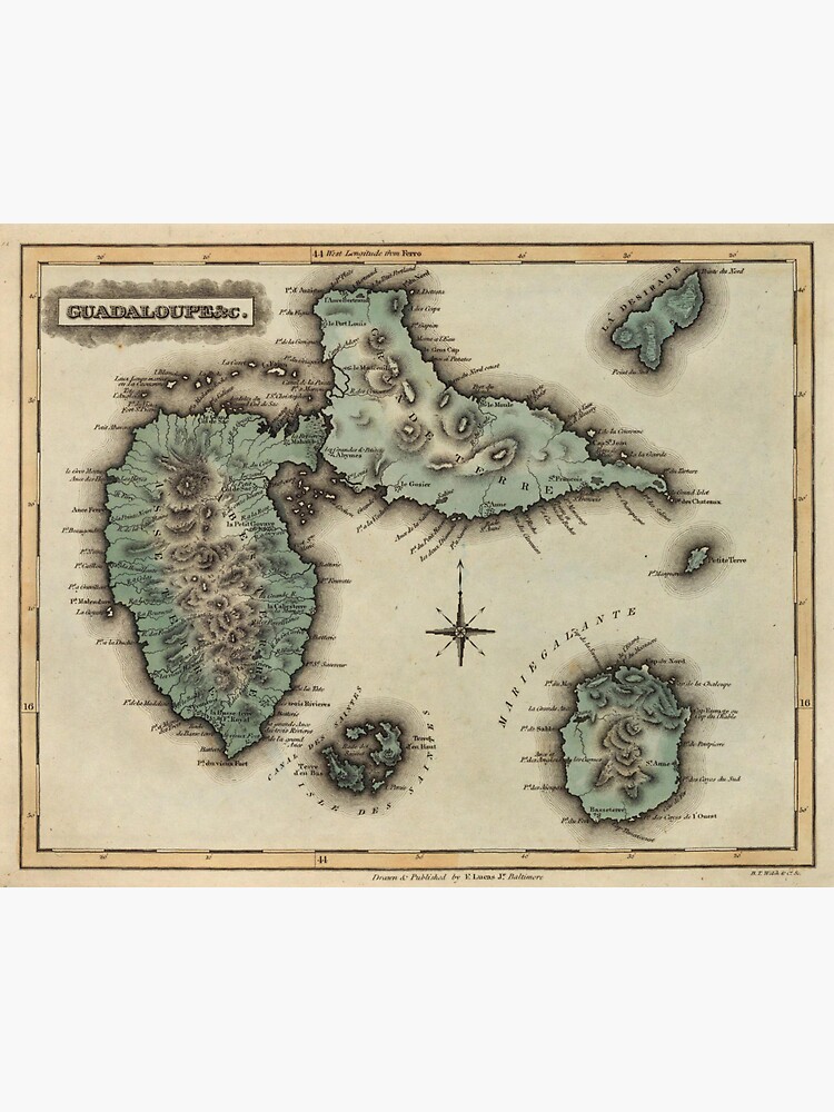 Pegatina «Antiguo mapa de la isla de Guadalupe (1823) Vintage Atlas de ...