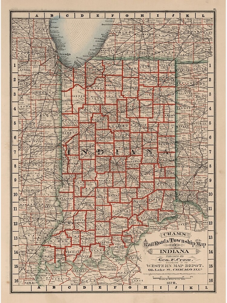 "Old Map of Indiana (1883) Vintage IN State & County Atlas" Art Print ...