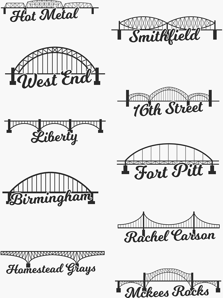 "Bridges of Pittsburgh - Named Pittsburgh Bridge Stickers Black & White ...