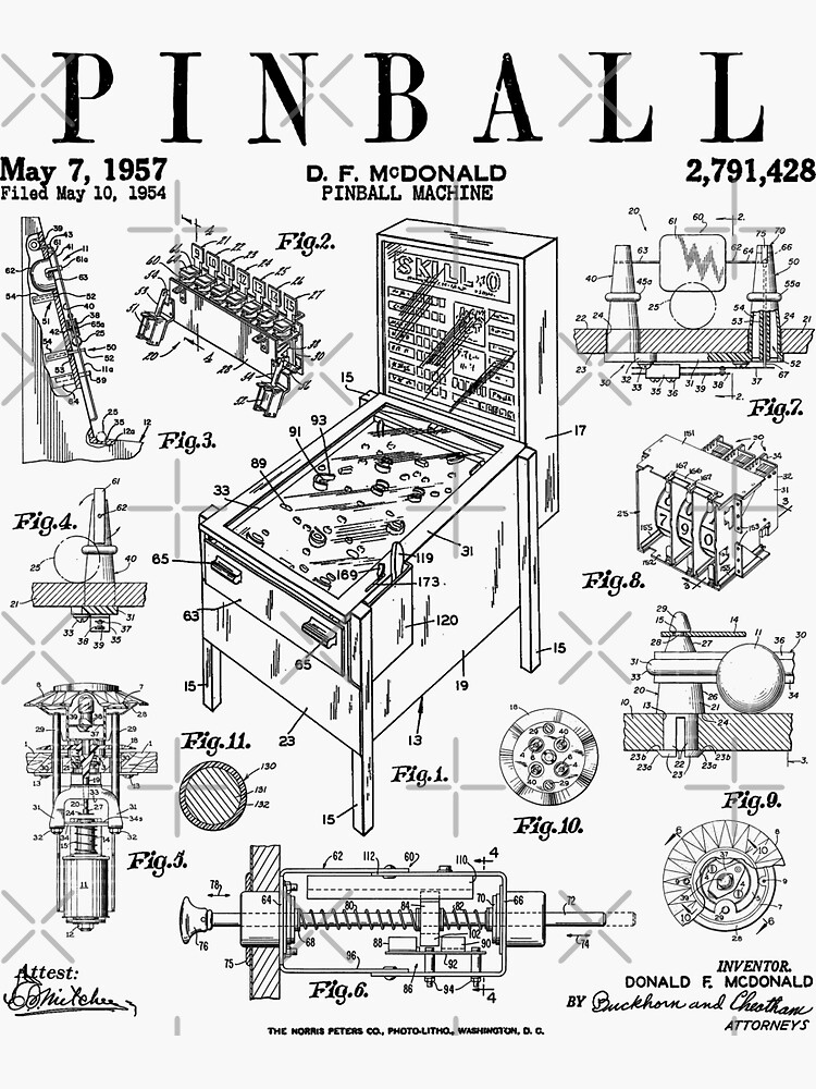 "Pinball Arcade Gaming Machine Vintage Gamer Patent Print" Sticker by ...