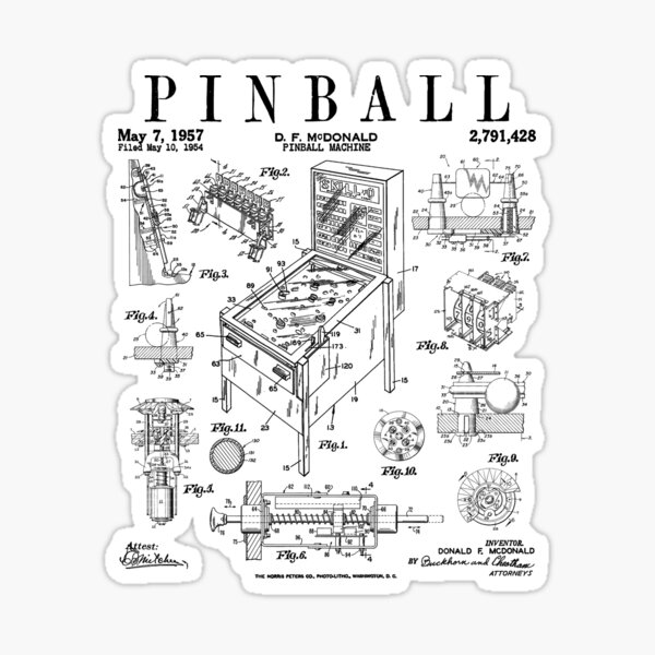 "Pinball Arcade Gaming Machine Vintage Gamer Patent Print" Sticker for ...
