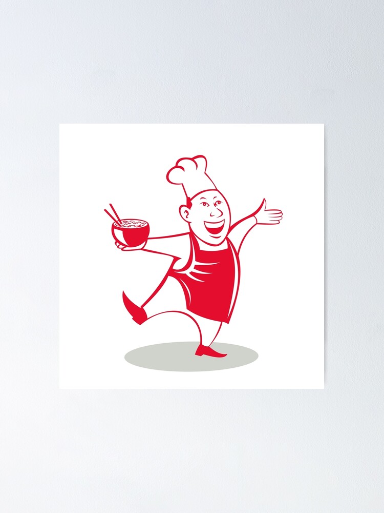 "Asian Chef Serving Noodle Bowl Dancing Cartoon" Poster for Sale by ...