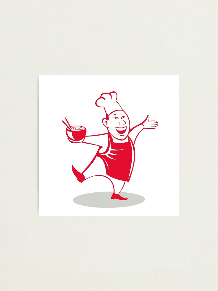 "Asian Chef Serving Noodle Bowl Dancing Cartoon" Photographic Print by ...
