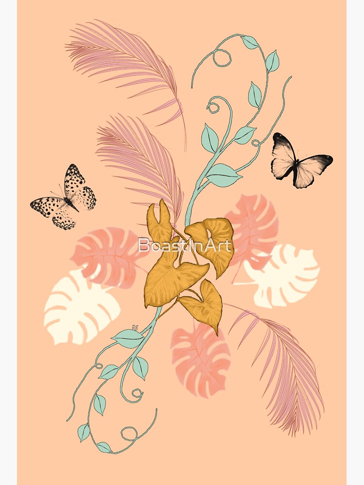"Peach Butterfly and Tropical Plants Design" Sticker for Sale by ...