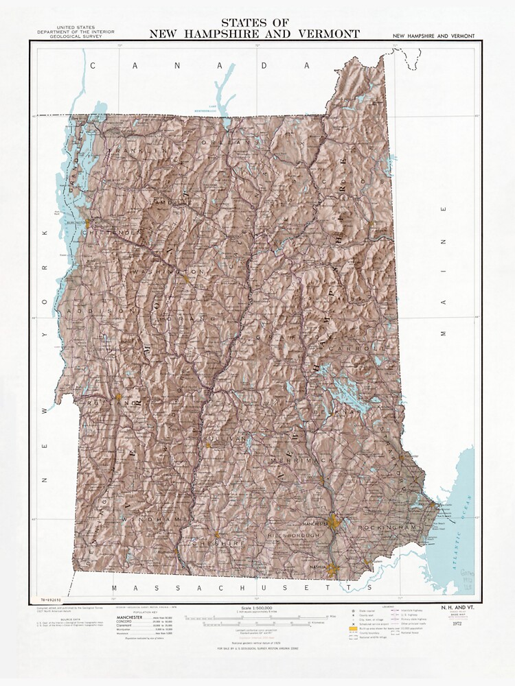 "New Hampshire & Vermont Relief Map (1976) NH and VT Topography Atlas ...
