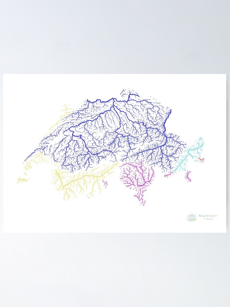 "Switzerland River Basin Map in Rainbow Colours with White Background ...