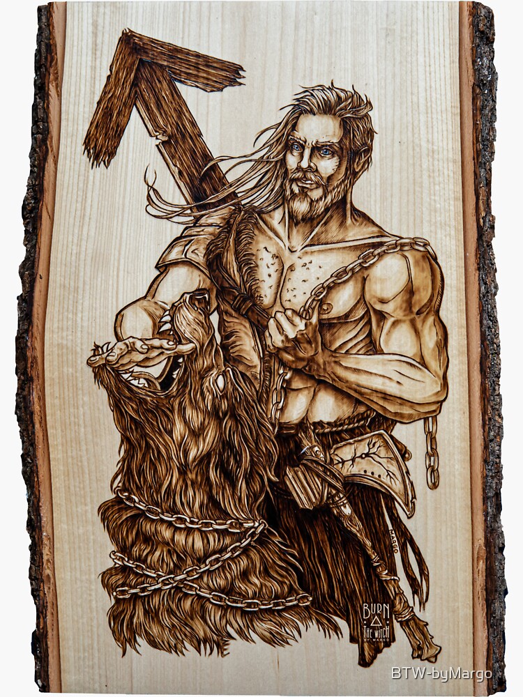 "Tyr - nordic god pyrography print, wood texture" Sticker for Sale by ...