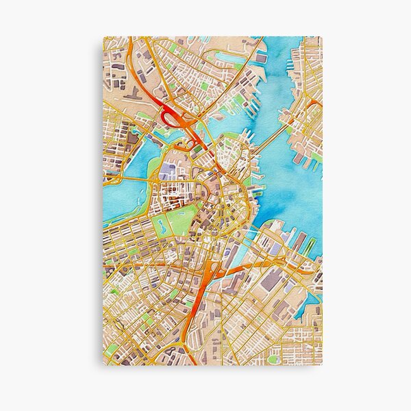 "Watercolor map of Boston city center" Canvas Print by Mapcandy | Redbubble