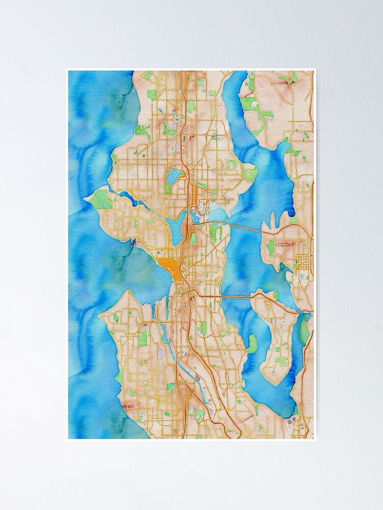 "watercolor map of Seattle metropolitan area" Poster by Mapcandy ...