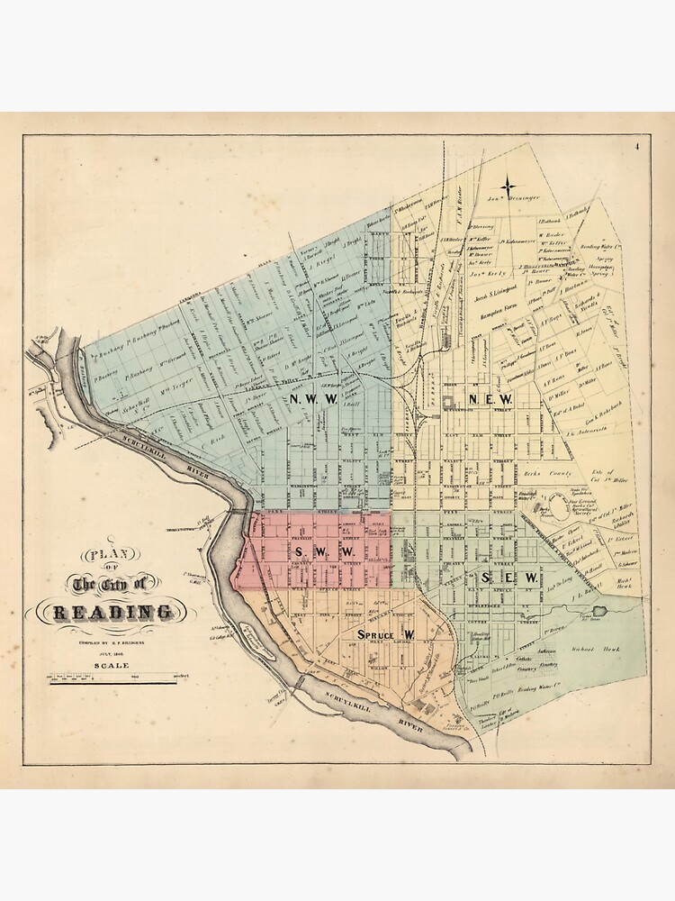 "Old Reading PA Map (1877) Vintage Pennsylvania Pretzel Capital of The ...