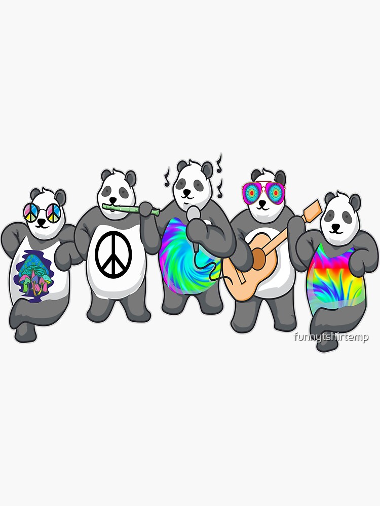 "Funny Hippie Band of Pandas Peace sign Guitar Cute" Sticker by ...