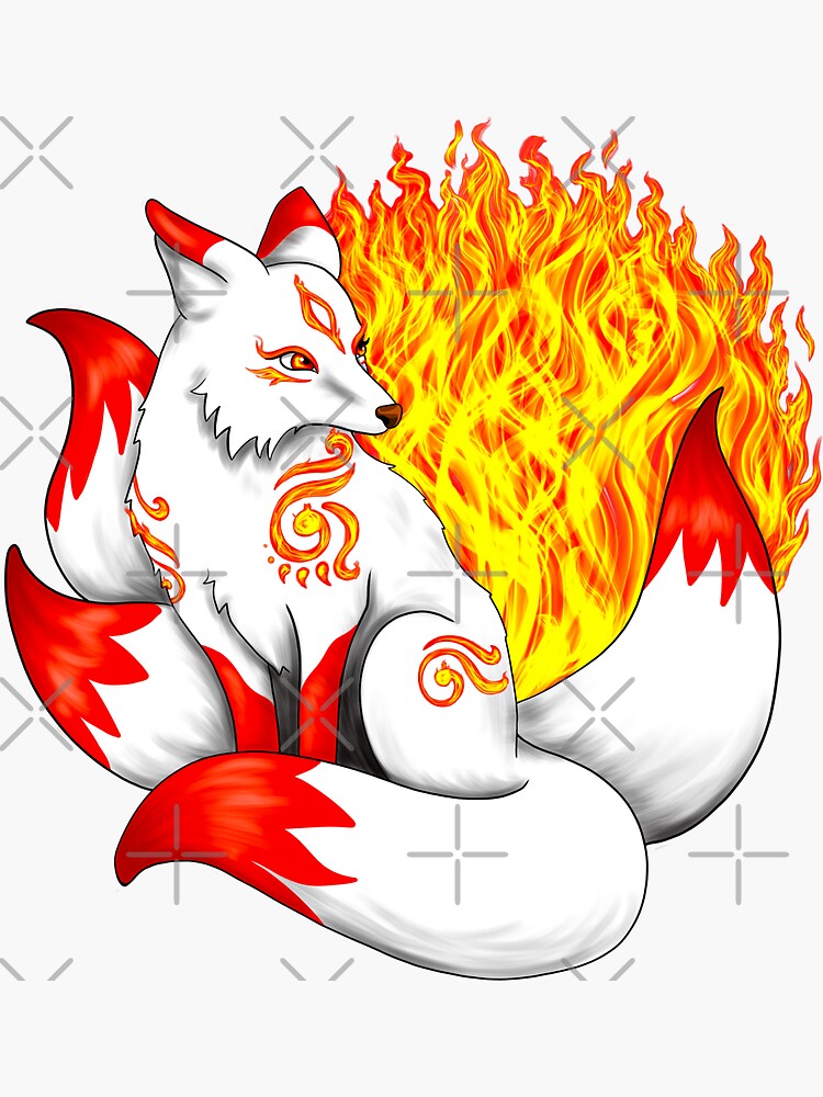"Fox Kitsune with Red Foxfire" Sticker for Sale by Lady-Lilac | Redbubble
