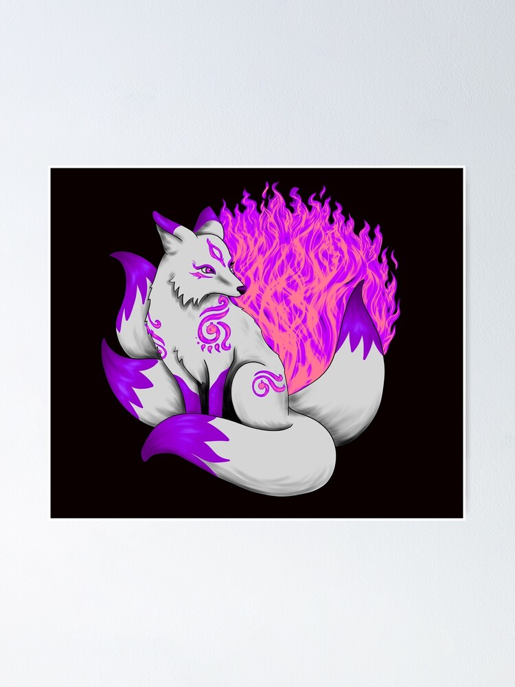 "Kitsune Fox with Pink and Purple Foxfire" Poster by Lady-Lilac | Redbubble