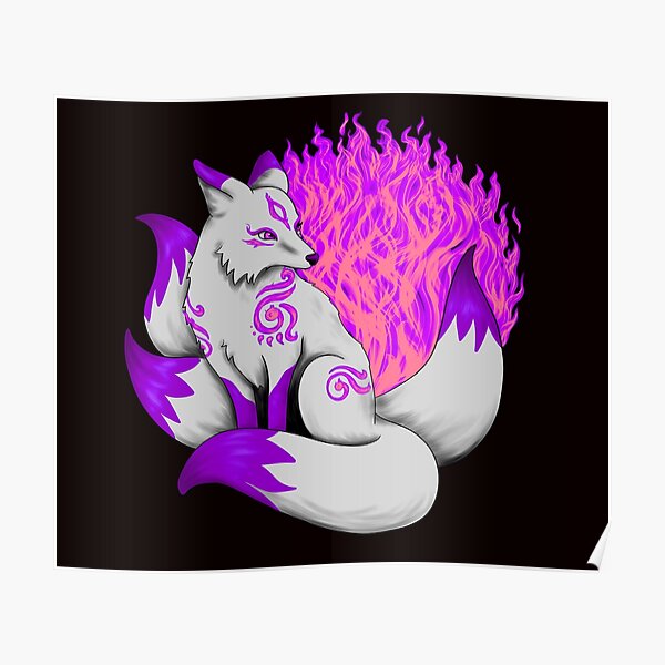 "Kitsune Fox with Pink and Purple Foxfire" Poster by Lady-Lilac | Redbubble