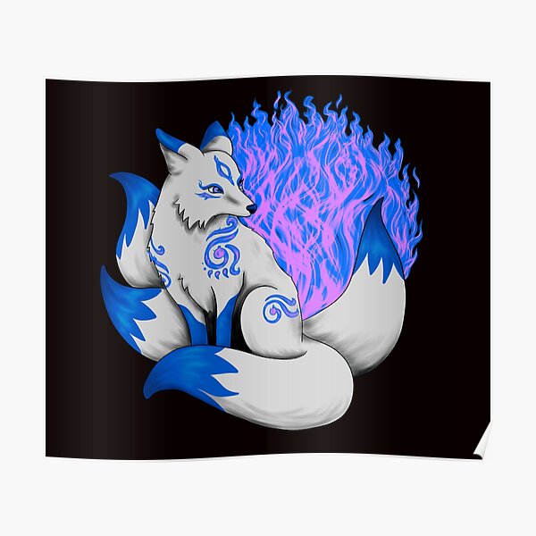 "Kitsune Fox with Dark Blue Foxfire" Poster for Sale by Lady-Lilac ...