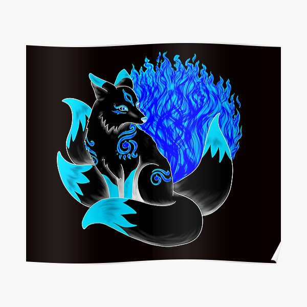 "Inverted Black Kitsune Fox with Dark Blue Foxfire" Poster for Sale by ...