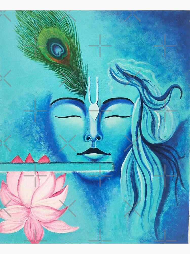 "Lord Krishna Blue Abstract Painting with Lotus Flute and Peacock ...
