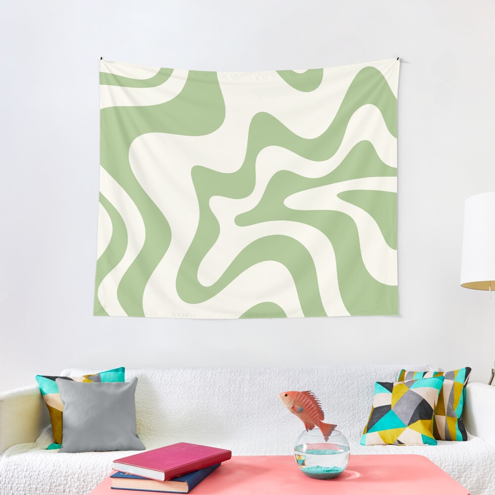 Retro Liquid Swirl Abstract Pattern Square in Light Sage Green and ...