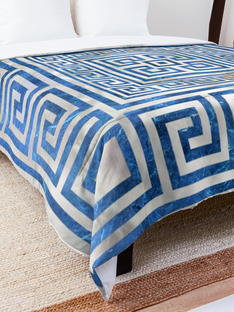 "Greek Key Ornament - Greek Meander - Blue Marble" Comforter for Sale ...