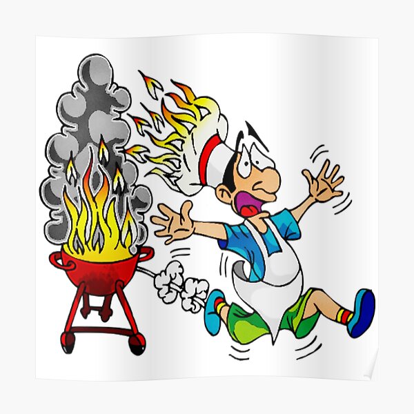 "Funny Cartoon Design Of a Chef ran away because of Fire " Poster by ...