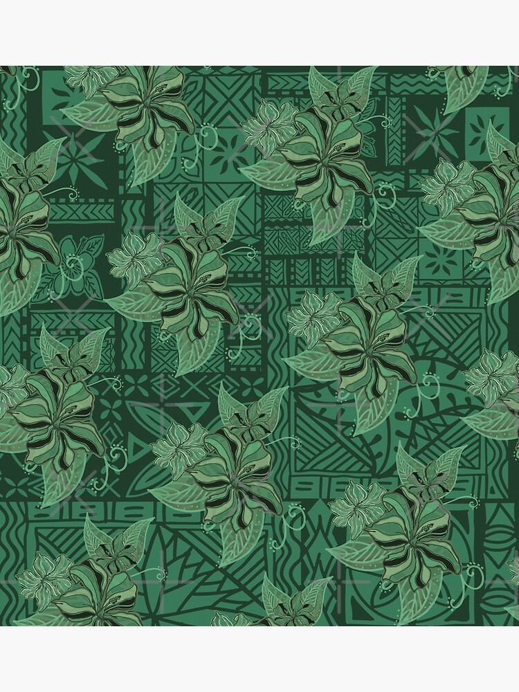 " Hawaiian - Polynesian - Samoan Vintage Green Tapa Hibiscus Print ...