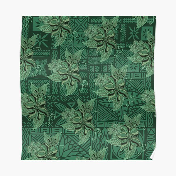 " Hawaiian - Polynesian - Samoan Vintage Green Tapa Hibiscus Print ...