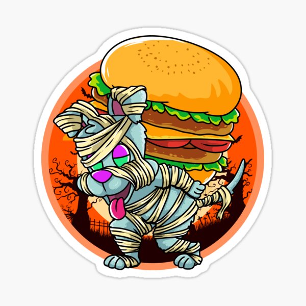 "Cute Spooky Halloween Mummy Dog with Burger" Sticker for Sale by ...