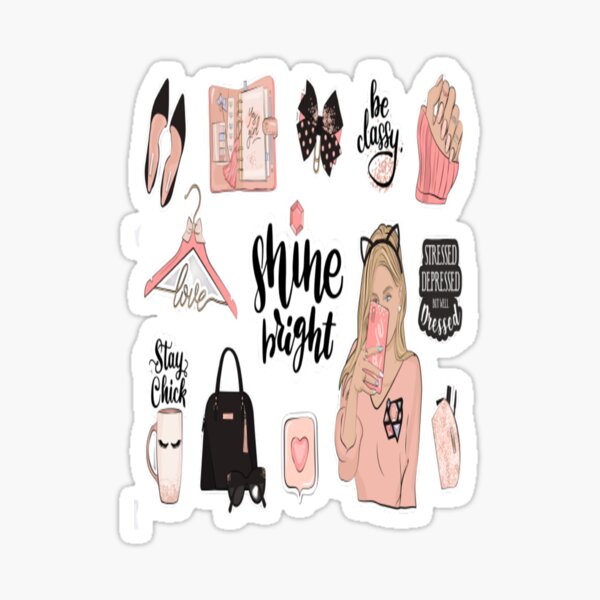 "cool and cute Stickers set with quotes, objects and a girl taking a ...