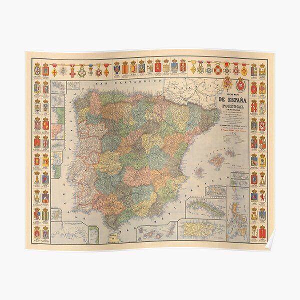 "Old Spain Map (1892) Vintage Spanish Family Crests Chart" Poster for ...