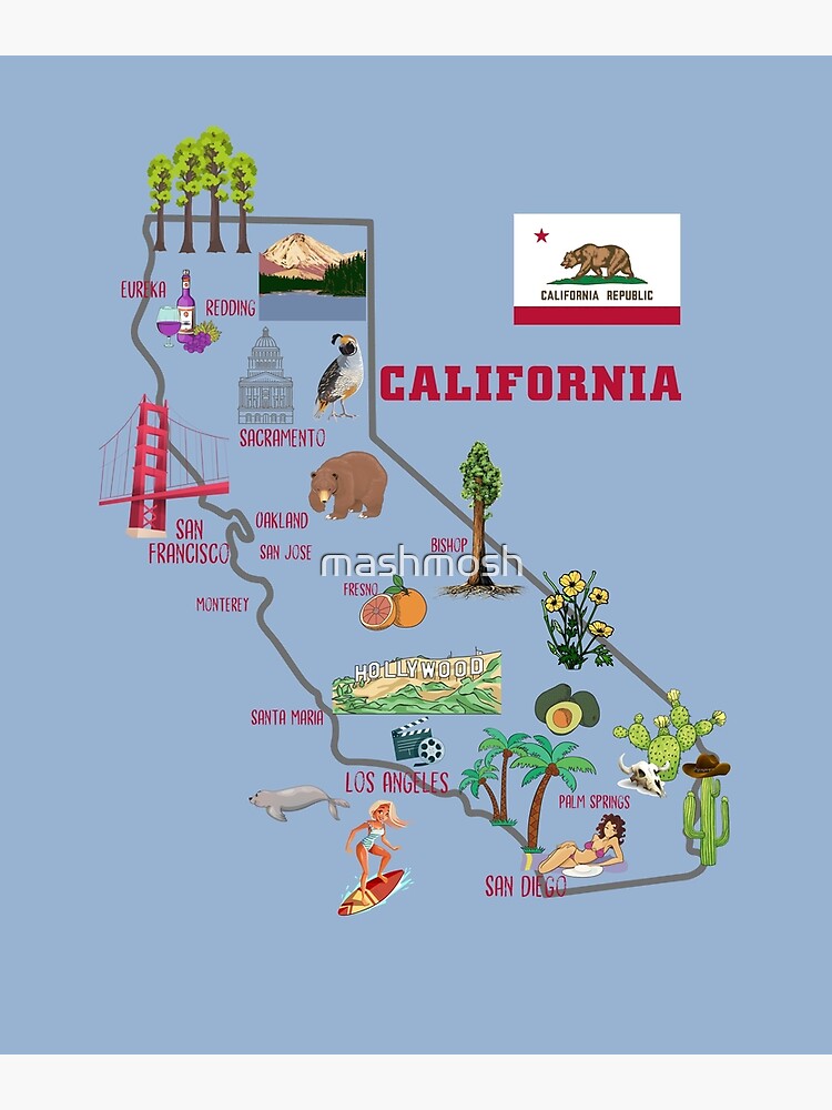 "Map of California Landmarks, major cities, flag " Poster by mashmosh ...