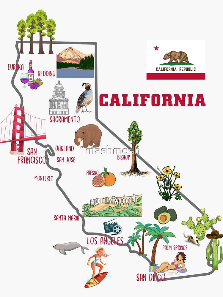 "Map of California Landmarks, major cities, flag " Sticker for Sale by ...