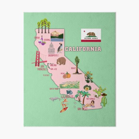 "California State Map, US tourist attractions, cities, flag" Art Board ...