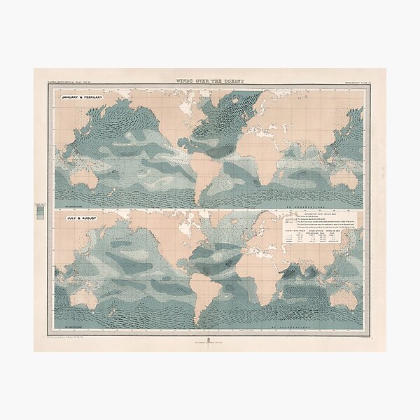 "Old Ocean Trade Winds Map (1898) Vintage World Meteorological Map ...