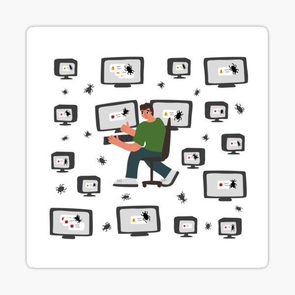 "Bug on the monitor screen and man near computer is happy, shows thumb ...