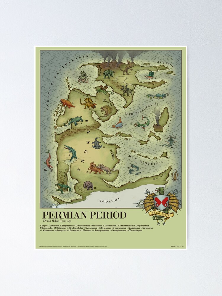 "Permian Period World Map (medieal bestiary style) Pangea" Poster for ...