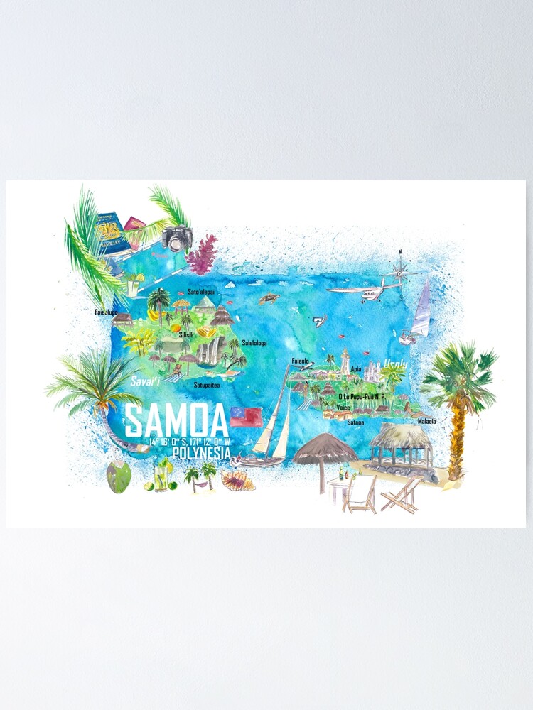 "Samoa Illustrated Island Travel Map with Roads and Highlights" Poster ...