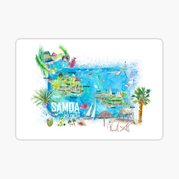 "Samoa Illustrated Island Travel Map with Roads and Highlights" Sticker ...