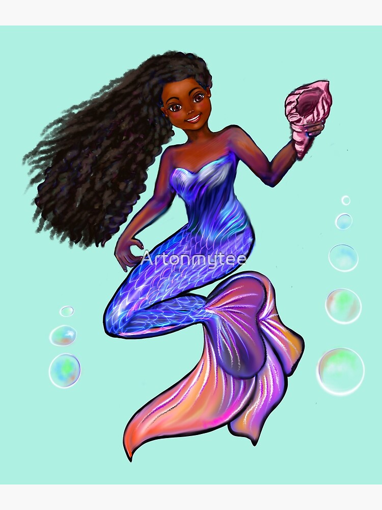"Mermaid holding sea shell, mermaid with brown eyes, Curly rainbow hair ...