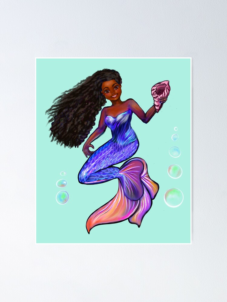 "Mermaid holding sea shell, mermaid with brown eyes, Curly rainbow hair ...