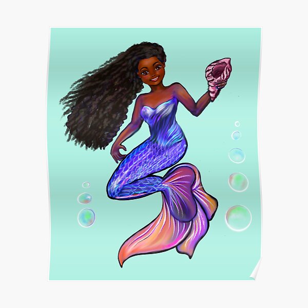 "Mermaid holding sea shell, mermaid with brown eyes, Curly rainbow hair ...